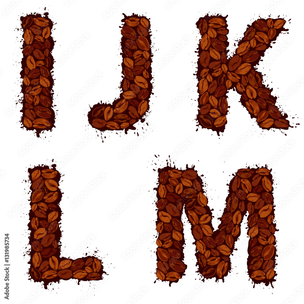 IJKLM, english alphabet letters, made of coffee beans, in grunge Stock ...