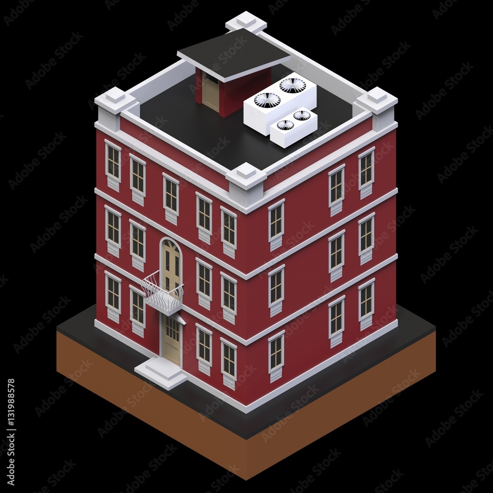 Red residential building in a small isolated platform. Raster 3d ...