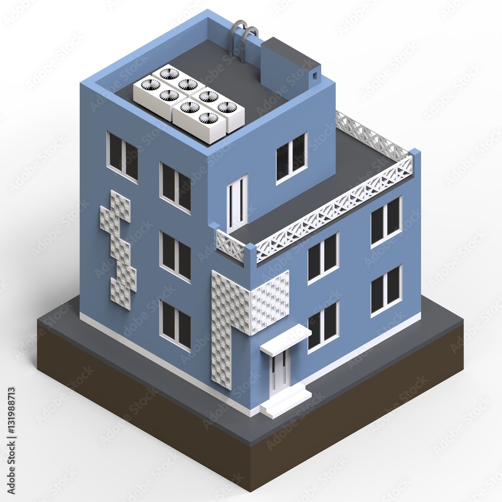 Blue residential building in a small isolated platform. Raster 3d ...