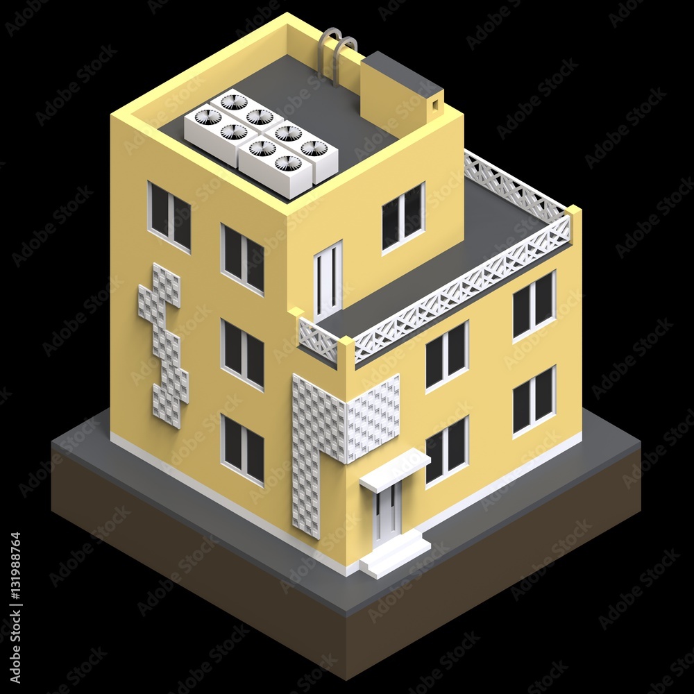 Yellow residential building in a small isolated platform. Raster 3d ...