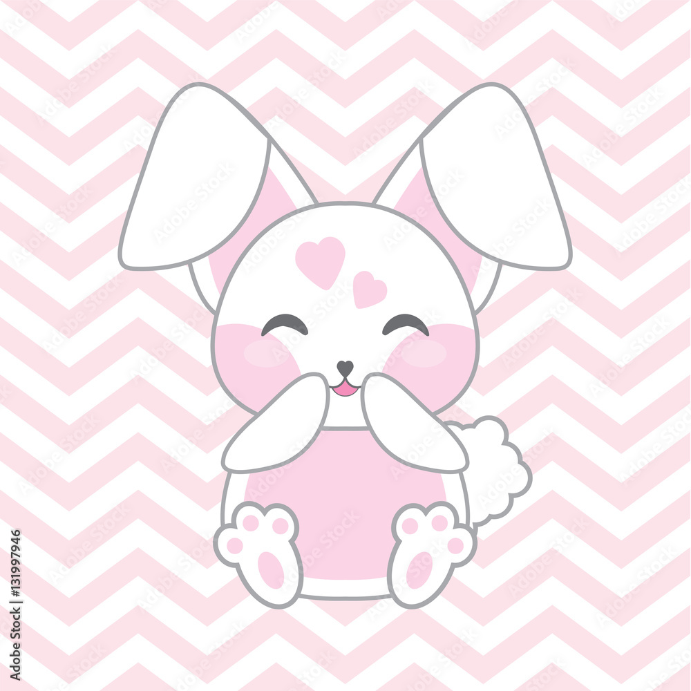 Baby shower illustration with cute pink rabbit on chevron background ...