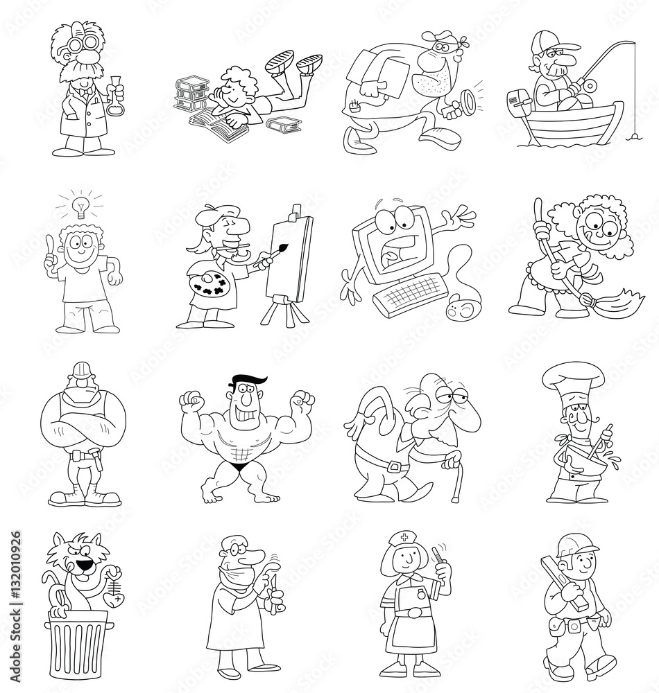 Monochrome outline cartoon collection isolated on white background ...