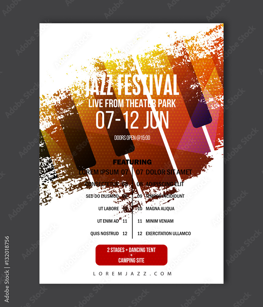 Music poster template. Vector Jazz music flyer background with keyboard ...