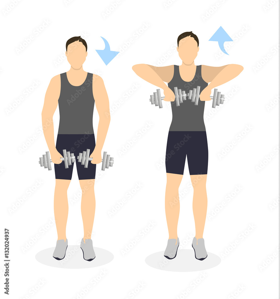 Arms exercise for men on white background. Workout with dumbbels. Heavy ...