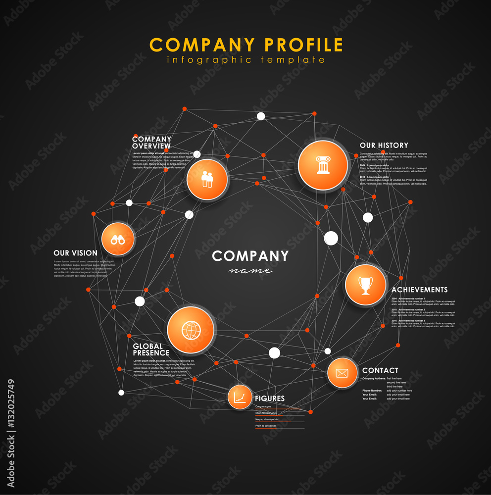 Company profile overview template with orange circles and dots - Stock ...