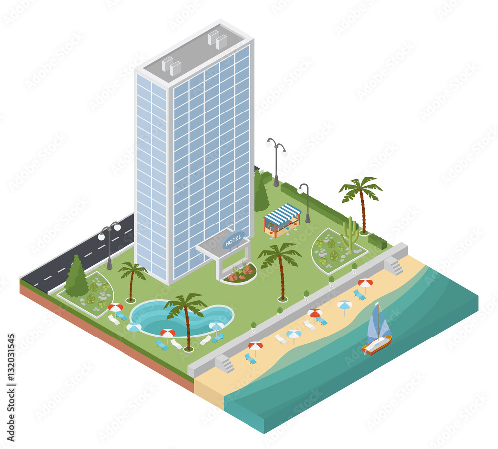 Flat 3d isometric resort hotel and city map constructor element Stock ...