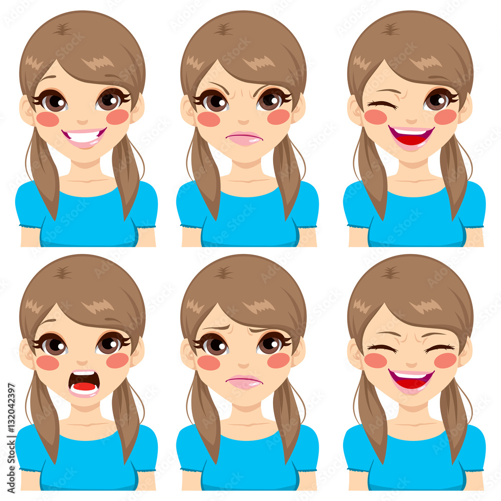 Teenage girl making six different face expressions set Stock Vector ...