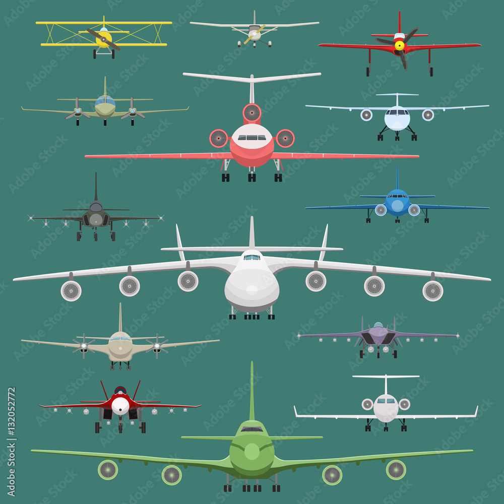 Vector image of set of airplanes in flat style. Front view. Stock ...