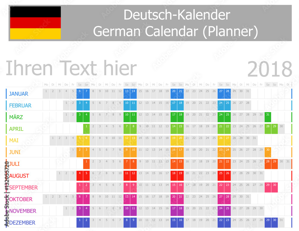 2018 German Planner Calendar with Horizontal Months on white background ...