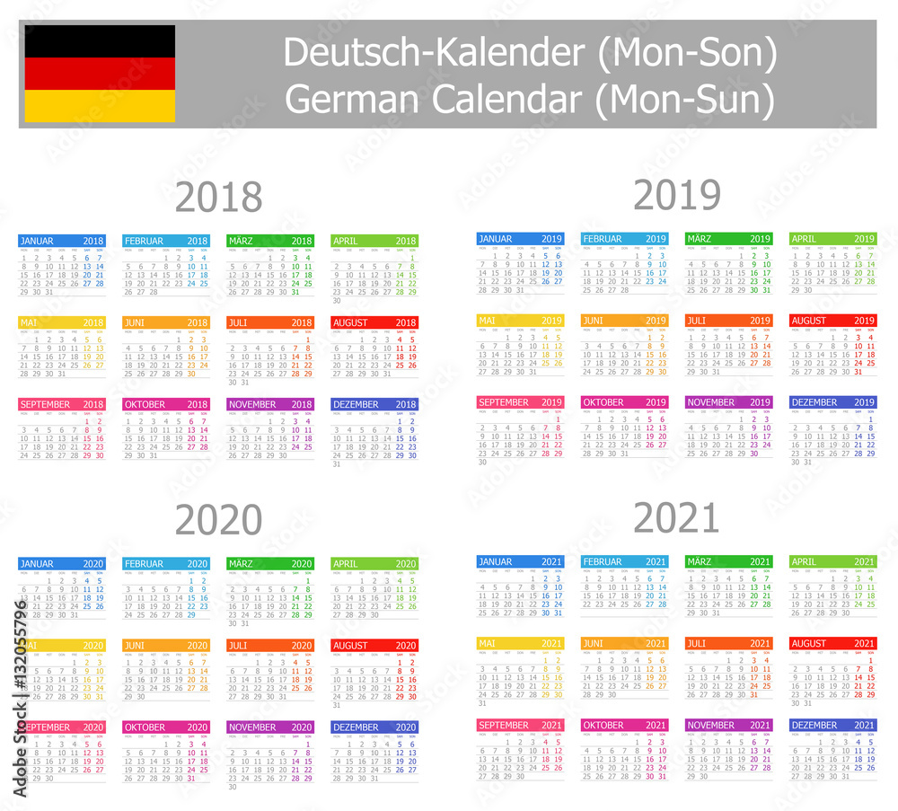 2018-2021 German Type-1 Calendar Mon-Sun on white background Stock ...