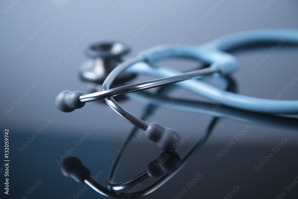 Mint Stethoscope close up view. Blue color Stethoscope with reflection ...
