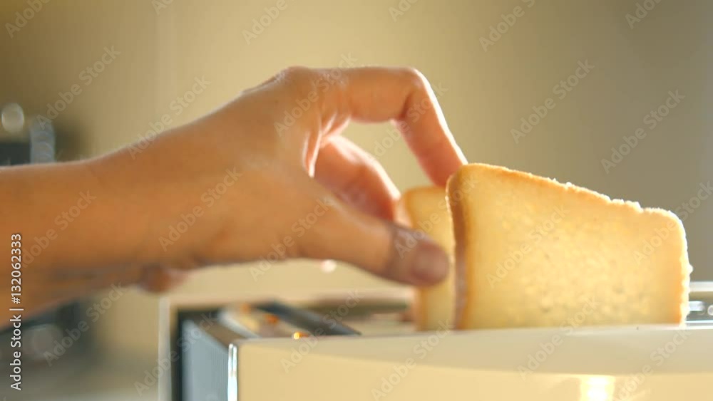 Woman's hand putting two pieces of bread in toaster machine. 4K ultra ...