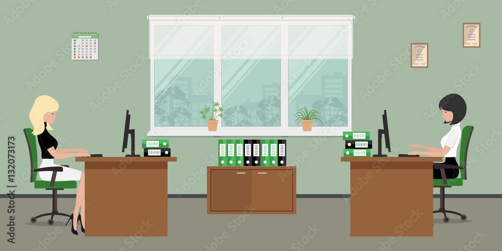 Web banner of two office workers. The young women are an employees at ...