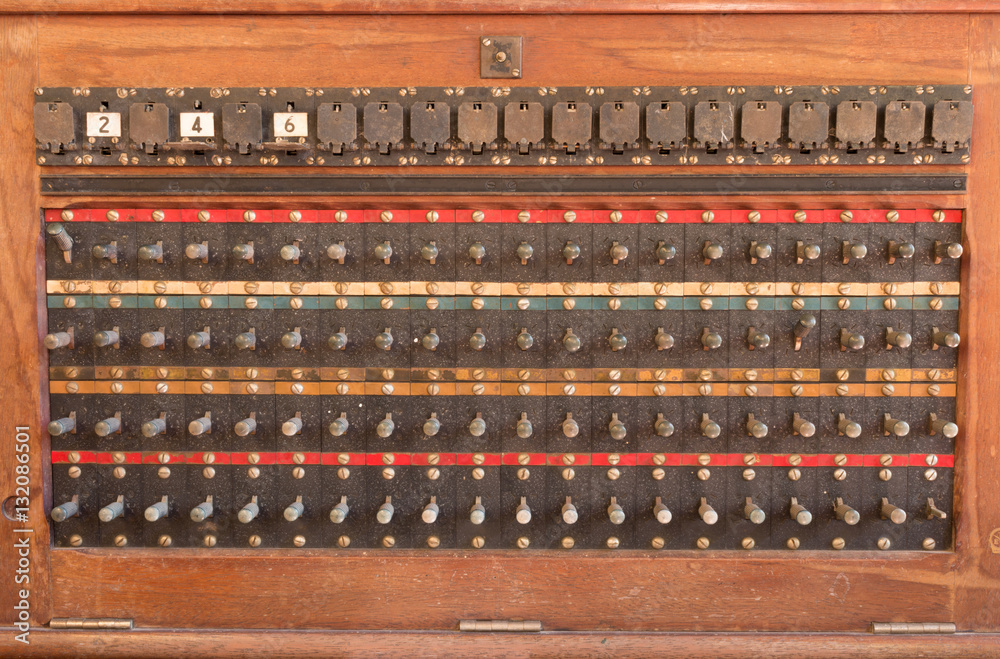 Antique vintage telephone switch board, telecommunication wood box. Old ...