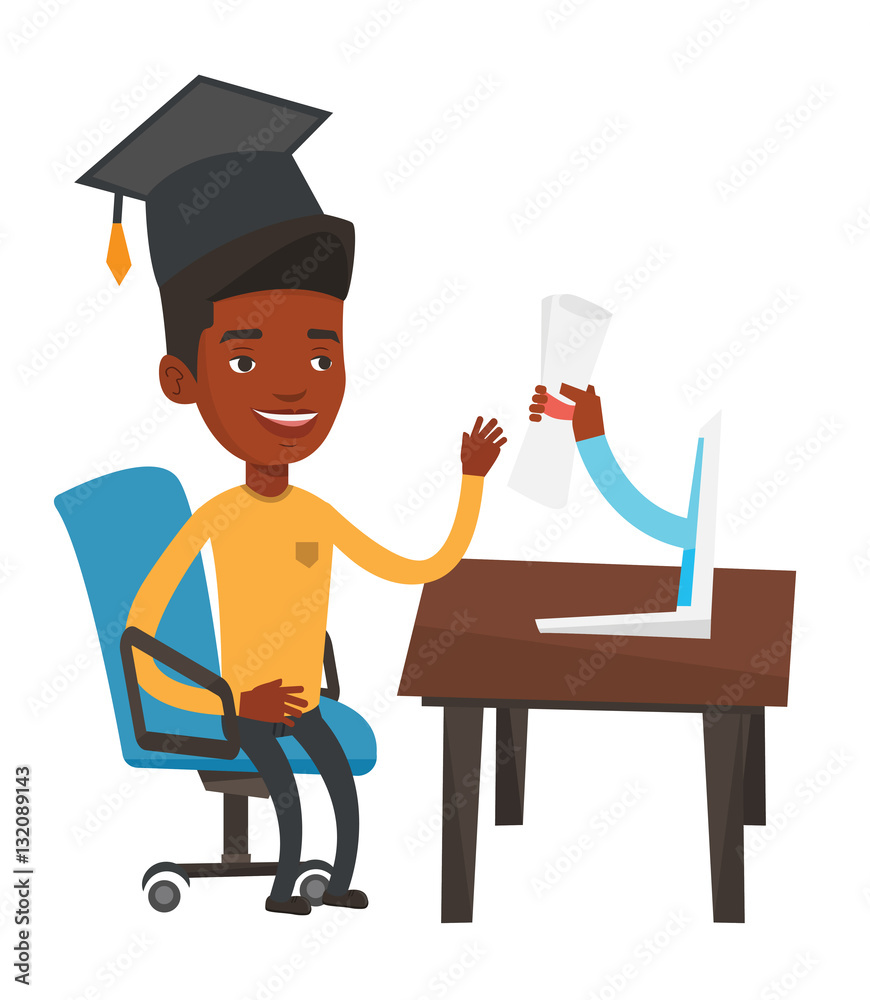 Graduate getting diploma from the computer Stock Vector | Adobe Stock