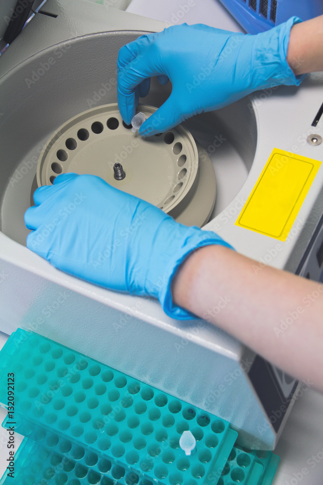 Research scientist putting test tube into real-time pcr machine Stock ...