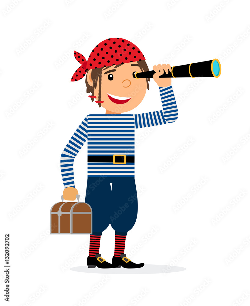 Pirate looking in the spyglass with the chest of treasures. Vector ...