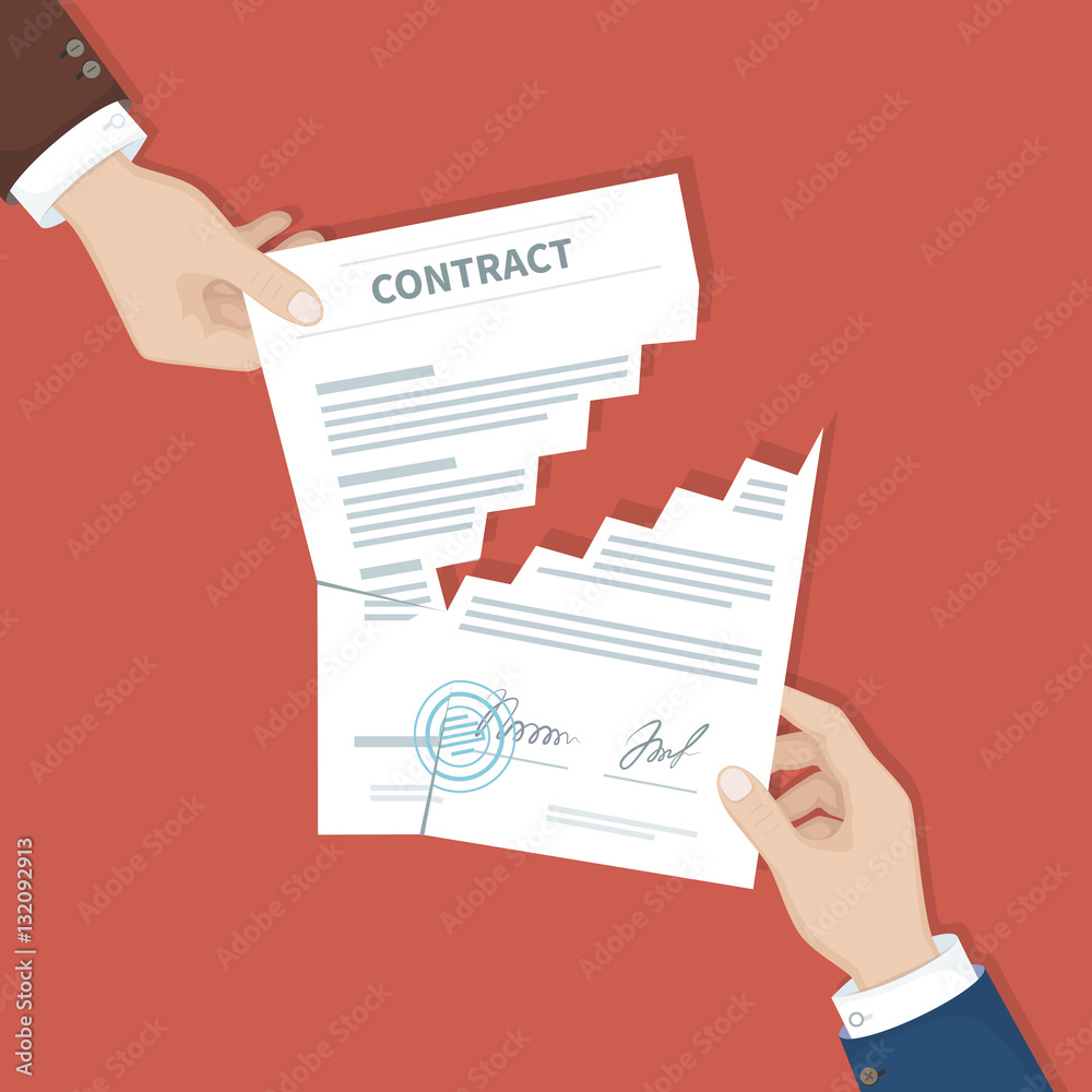 Contract termination concept. Two businessman hands tearing document ...