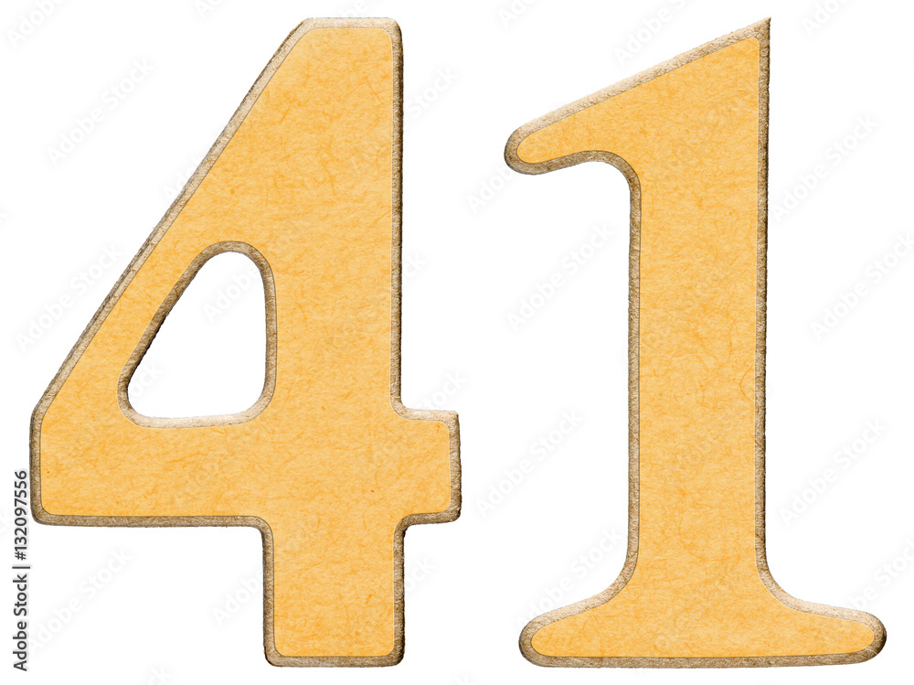 41, forty one, numeral of wood combined with yellow insert, isol Stock ...
