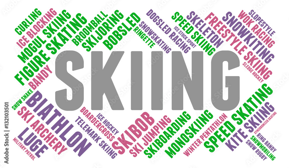 Skiing. Word cloud, colored font, white background. Olympics. Stock ...