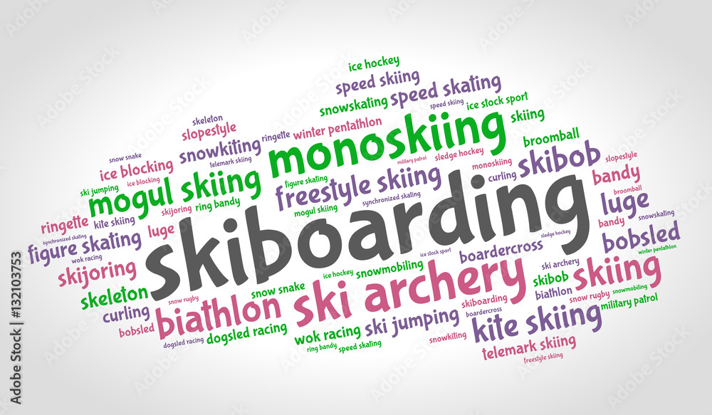 Skiboarding. Word cloud, colored italic font, grey gradient background ...