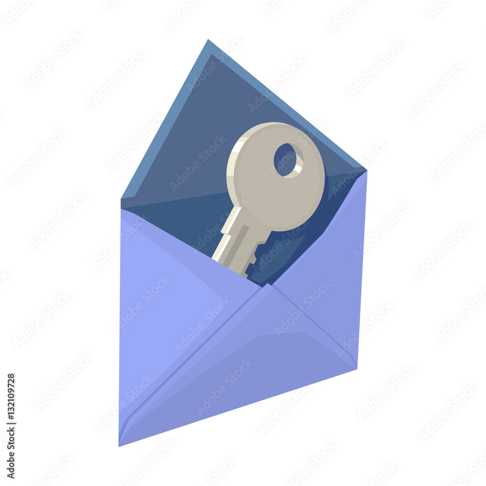 E-mail with key password icon in cartoon style isolated on white background. Hackers and hacking ...