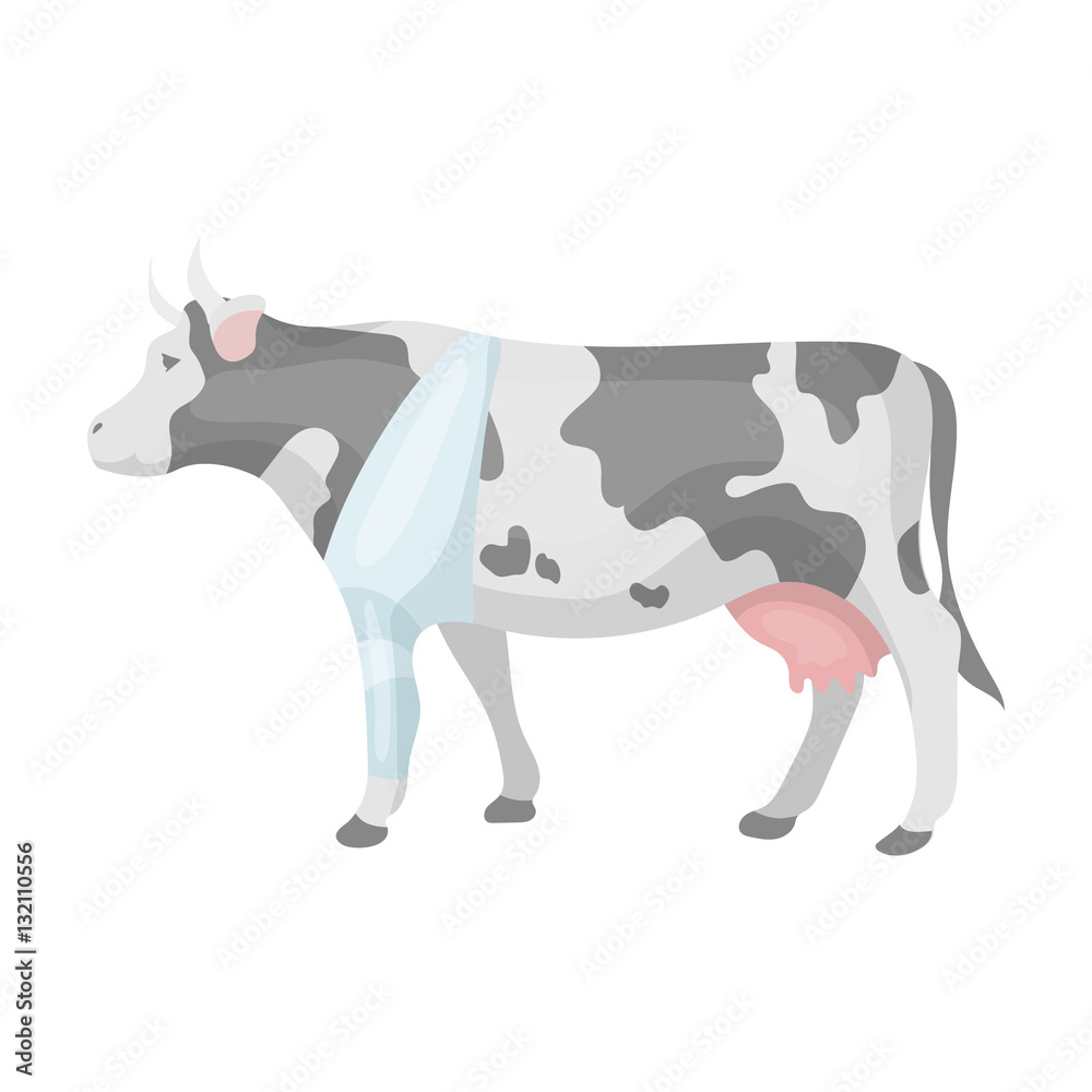 Sick cow with bandage on a leg icon in cartoon style isolated on white ...