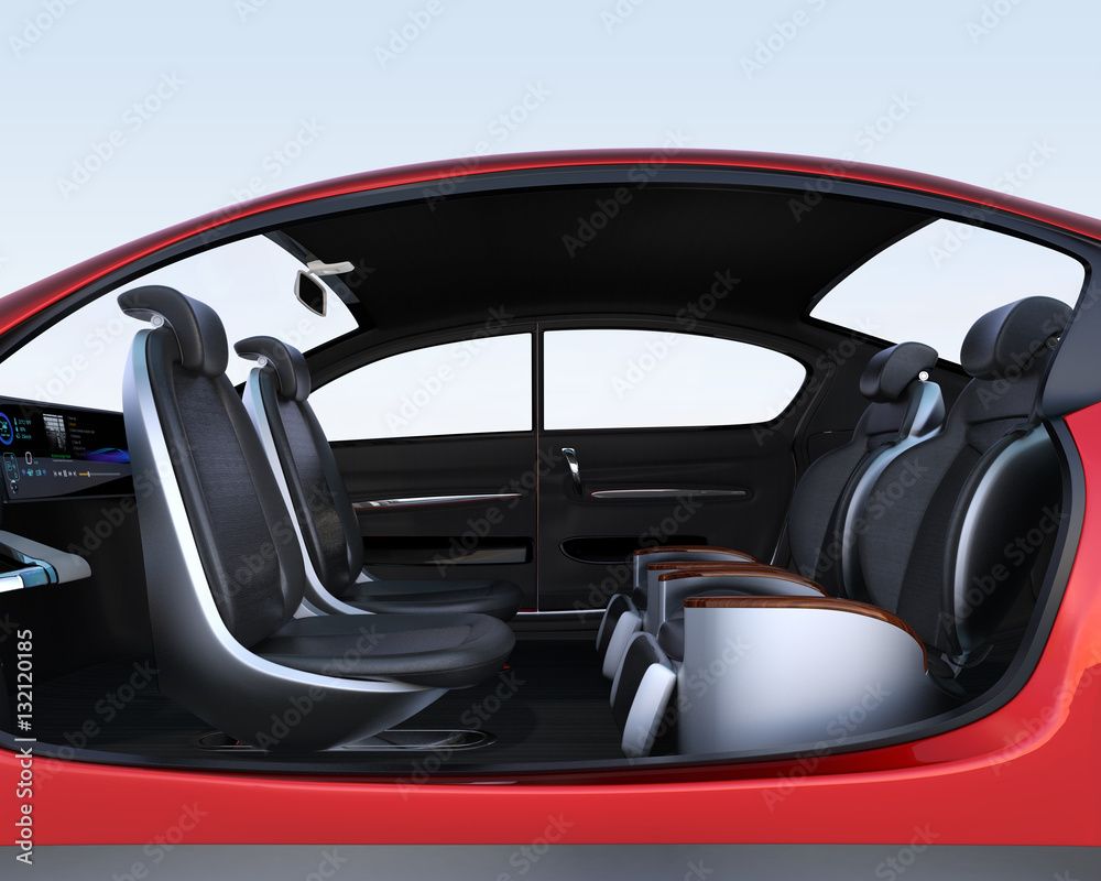 Business meeting seats' layout in autonomous car. Front seats turn to ...