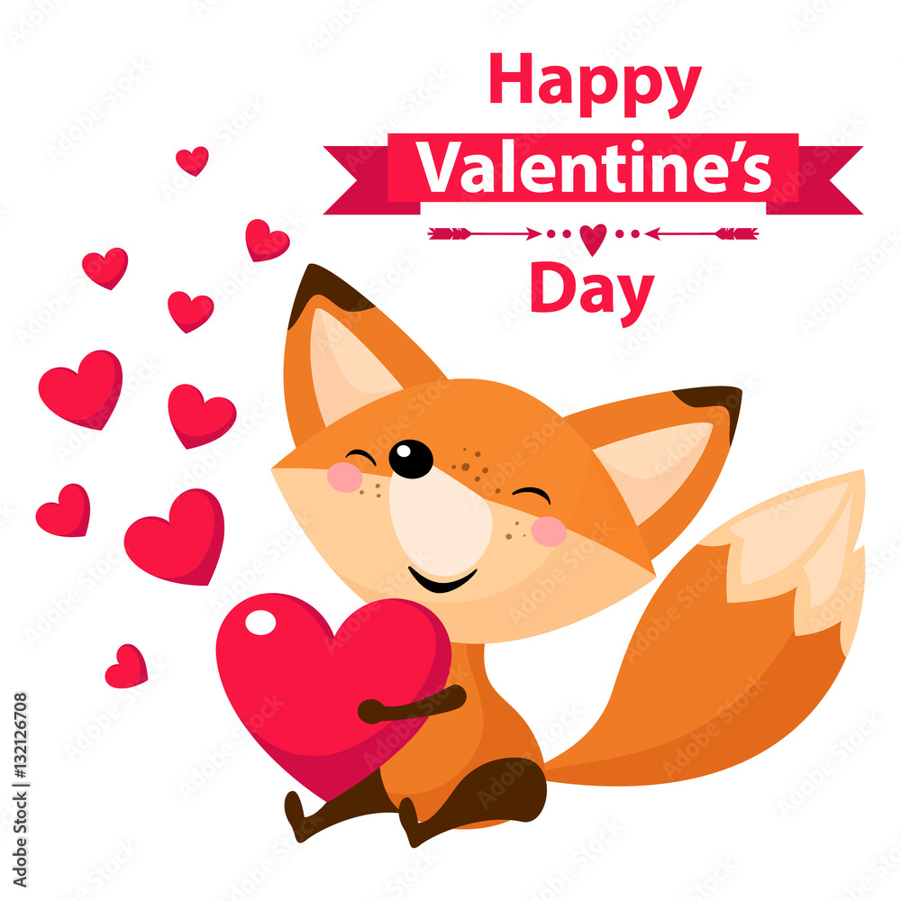 Cute and happy cartoon fox with heart.Vector illustration for happy ...