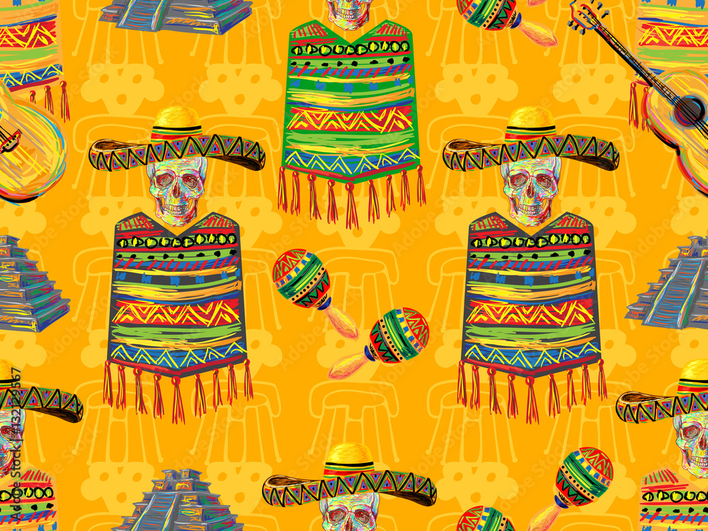 Mexican seamless music pattern with skull, sombrero hat, guitar ...