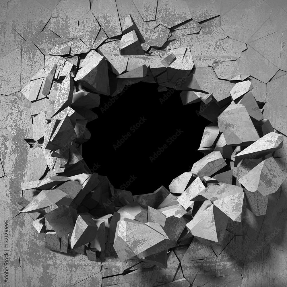 Explosion hole in concrete cracked wall. Industrial background Stock ...
