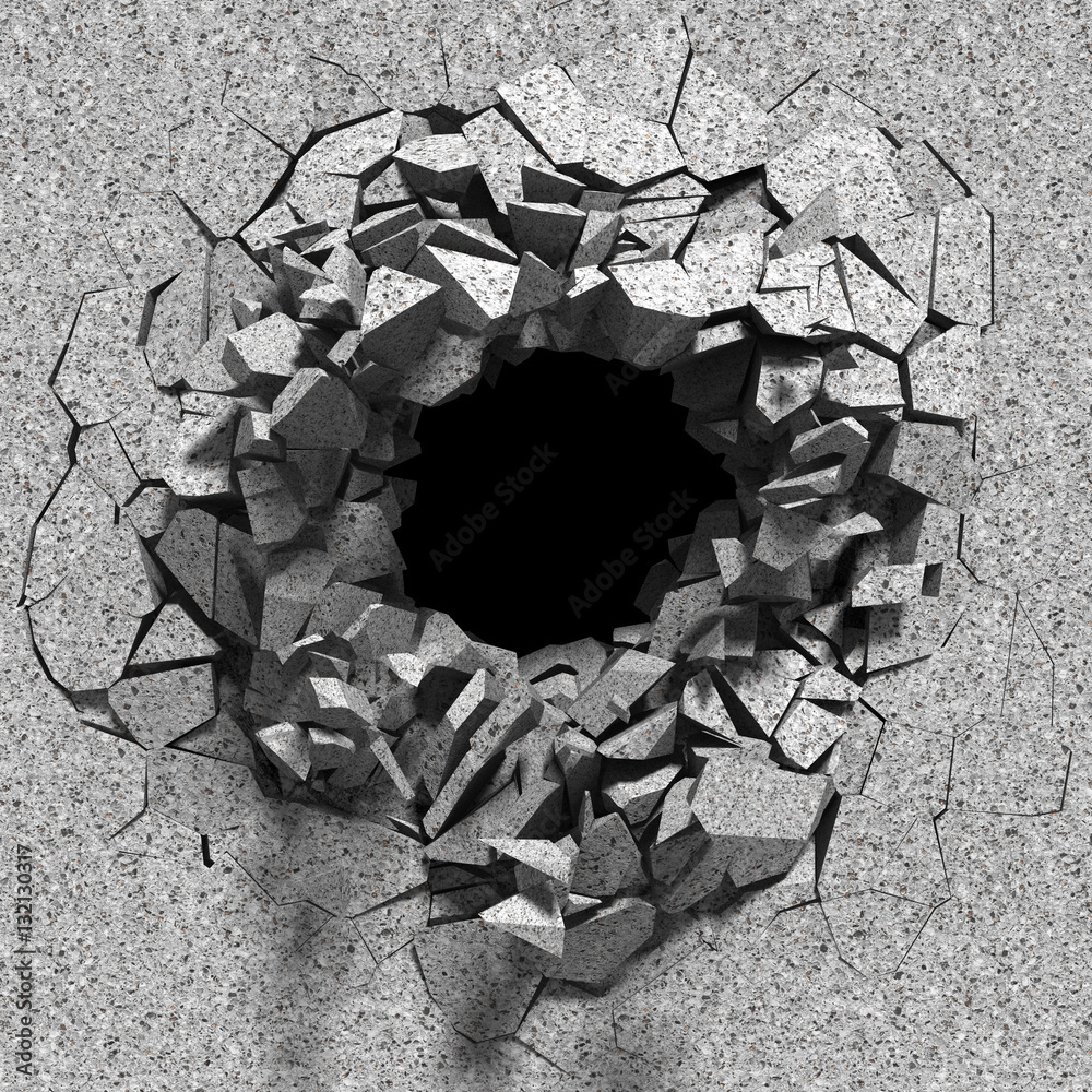 Destruction of concrete old wall with explosion demolition hole ...