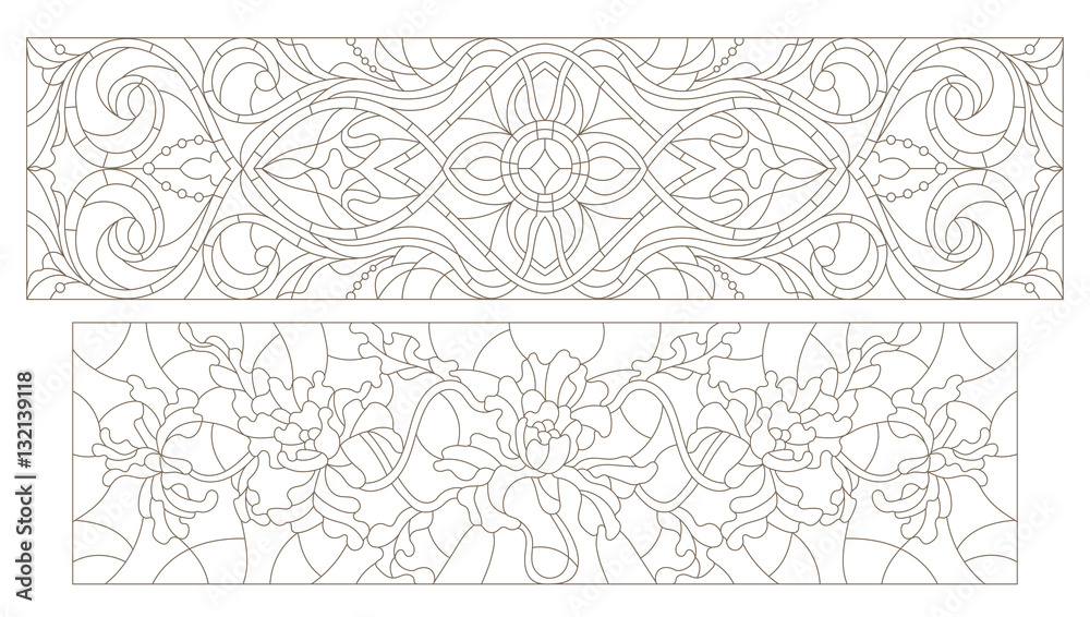 Set contour illustrations of stained glass with abstract swirls and ...