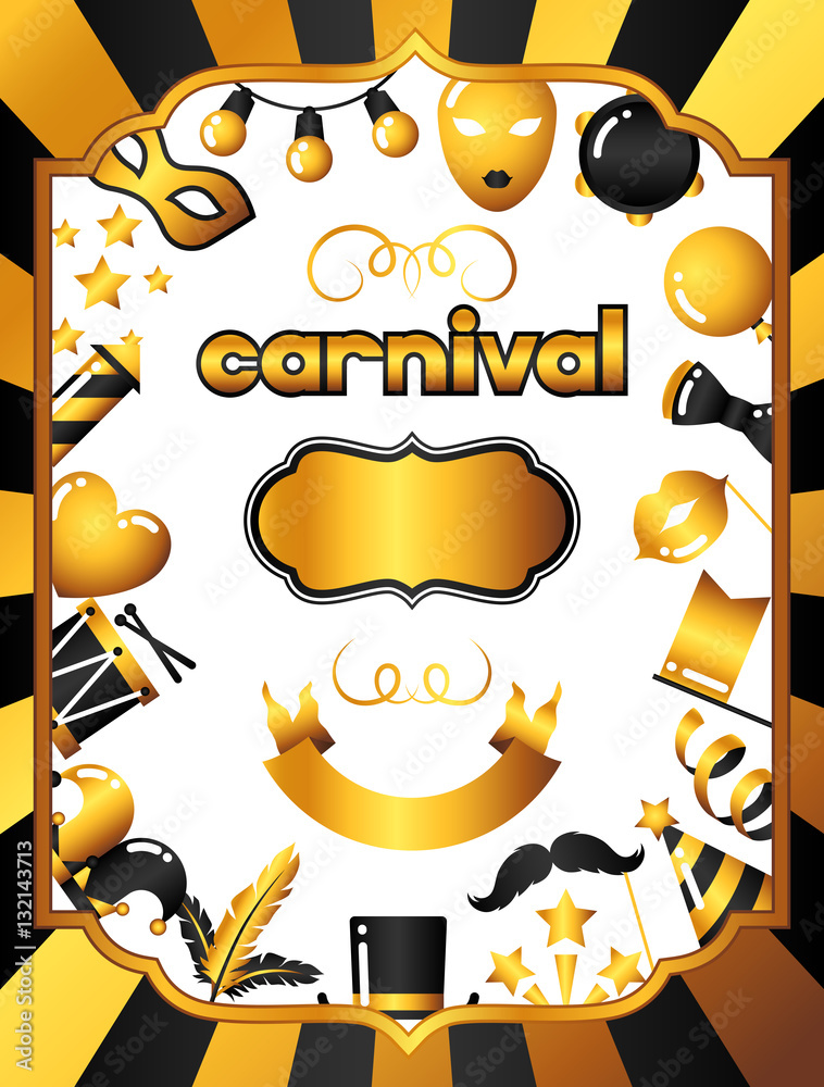 Carnival invitation card with gold icons and objects. Celebration party ...