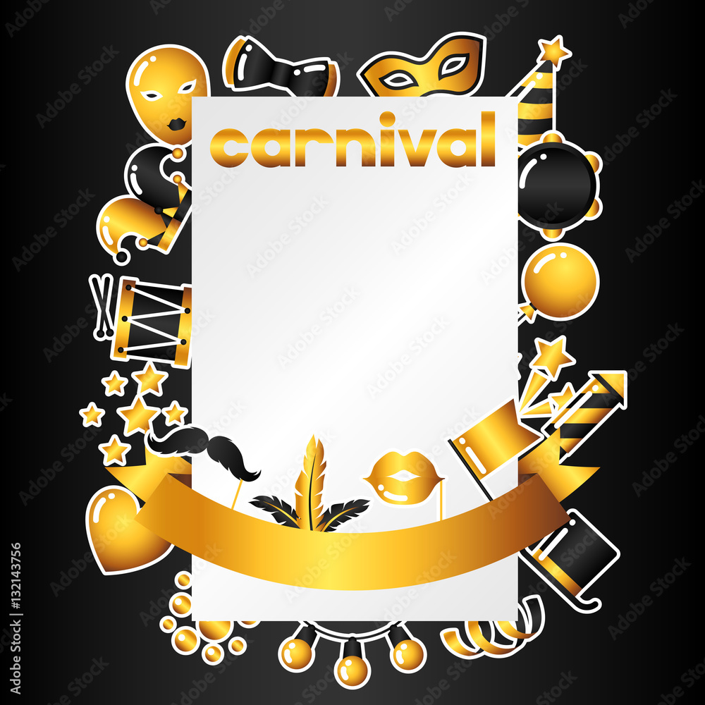 Carnival invitation card with gold icons and objects. Celebration party ...