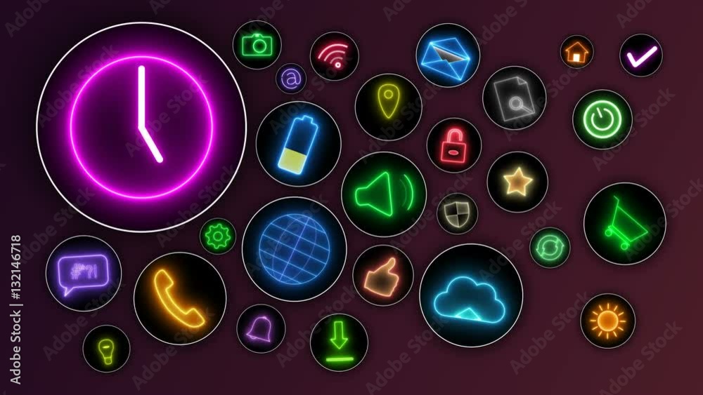 Vidéo Stock Looped animated background with set of neon-glowing ...