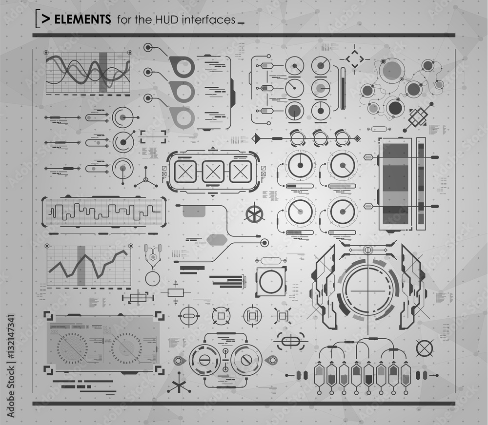 black and white infographic elements. HUD UI for business app ...