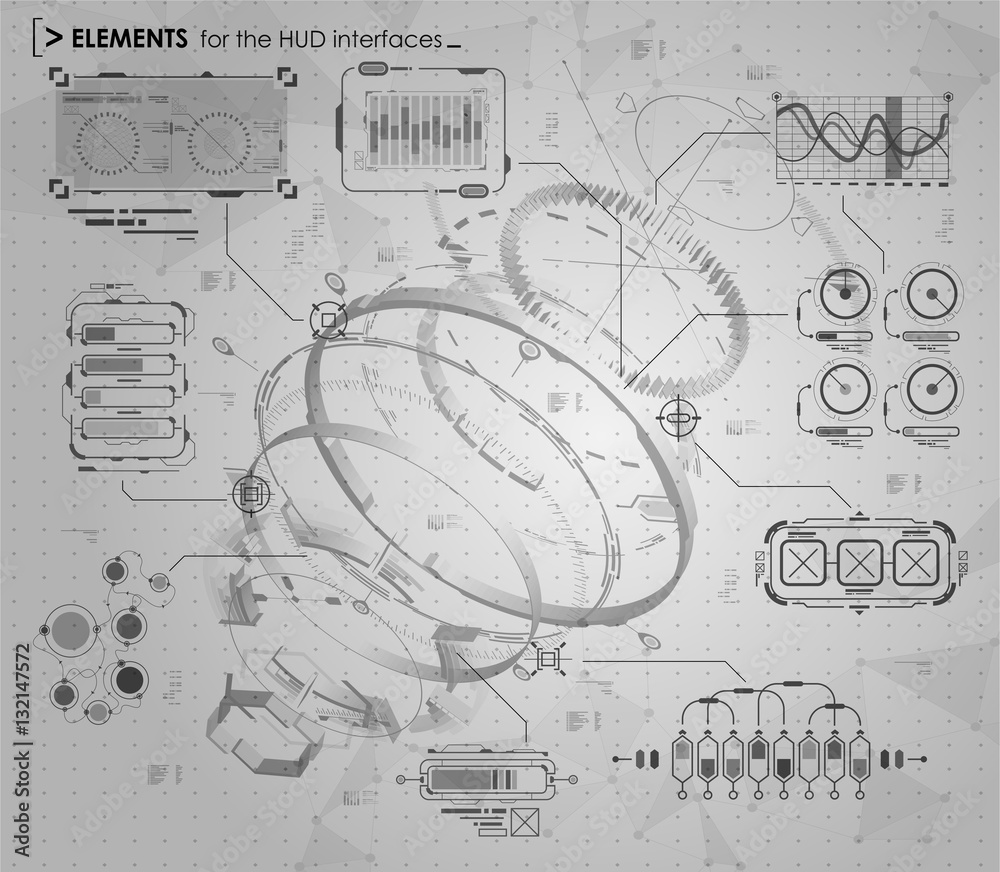 black and white infographic elements. HUD UI for business app ...