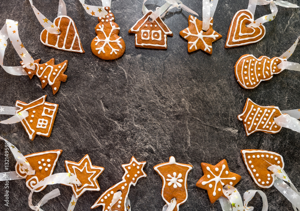 Christmas small gingerbread in rectangle shape with white ribbon on ...