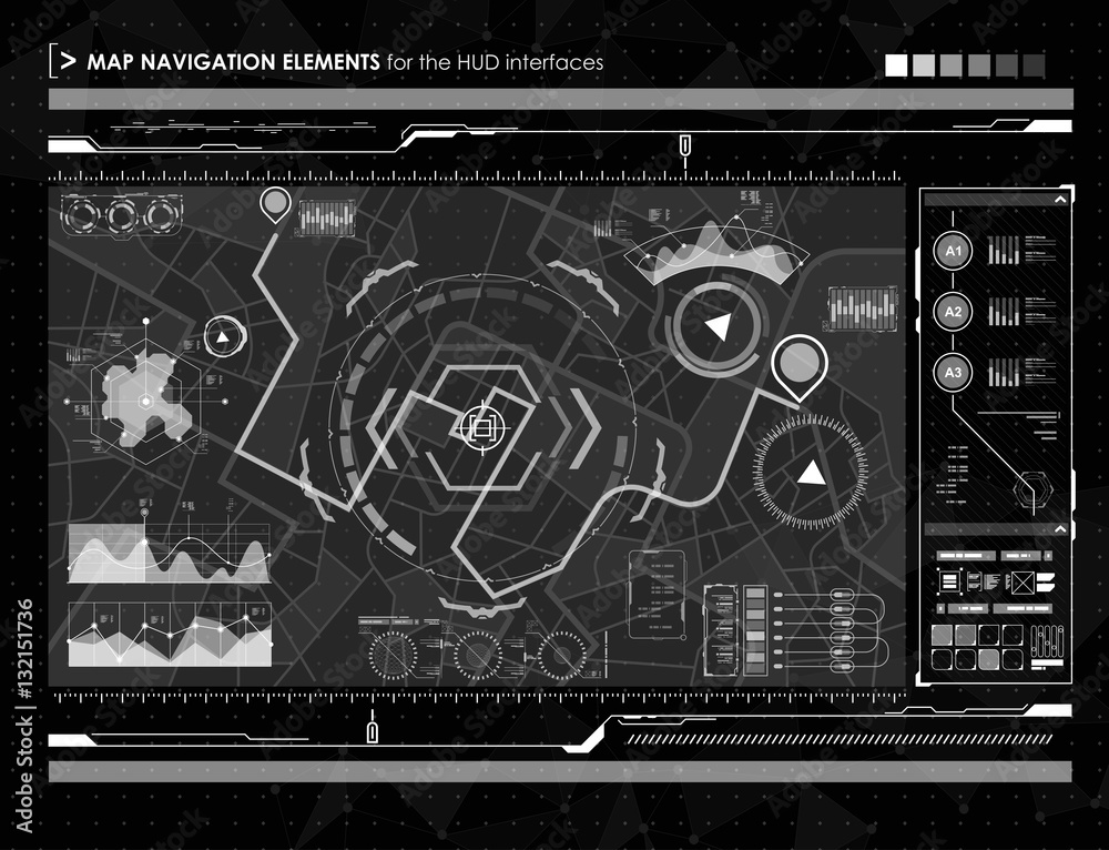 Head-up display navigation map elements for the web and app. Futuristic ...