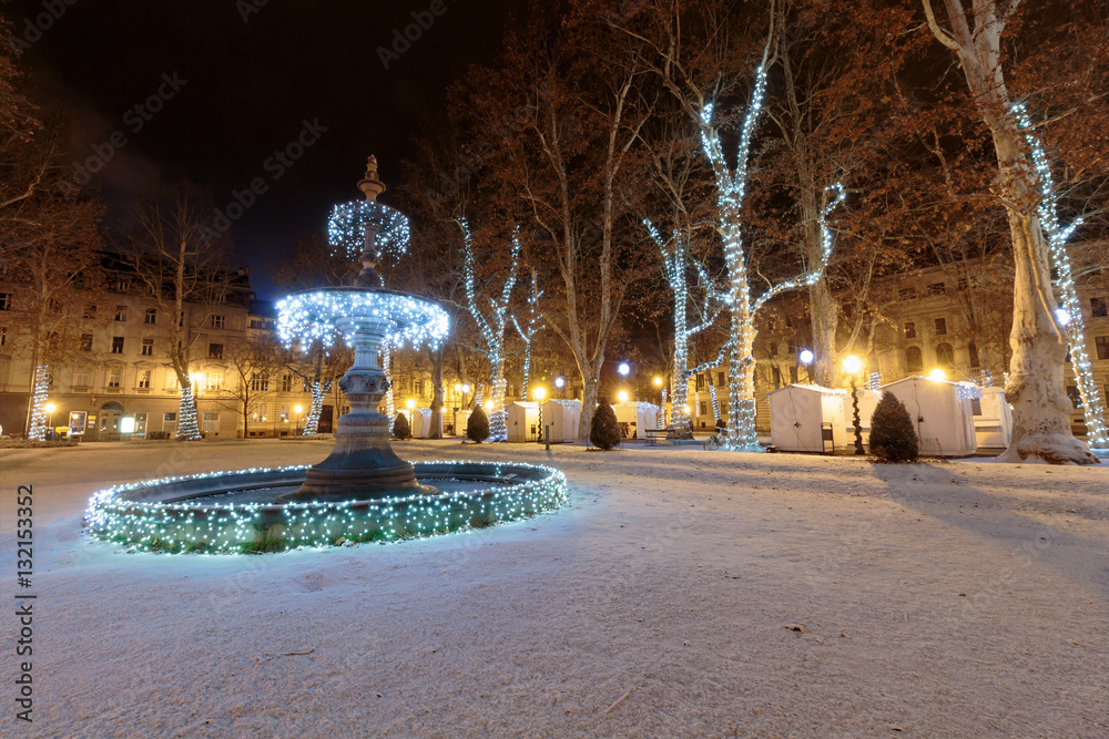 Zrinjevac park Fountain decorated by Christmas lights as part of Advent ...