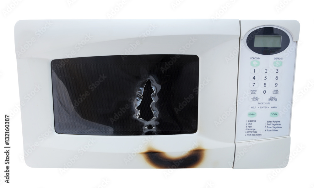 Microwave oven with fire and explosion damage. Isolated. Horizontal ...