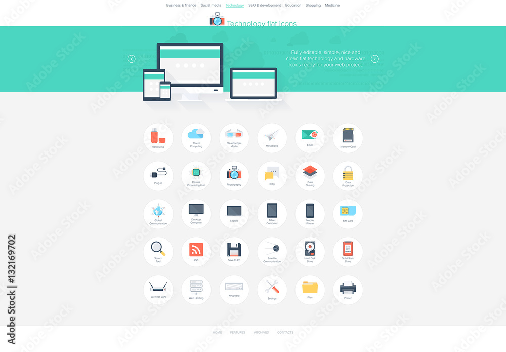 30 Circular Flat Tech Icons Stock Template | Adobe Stock