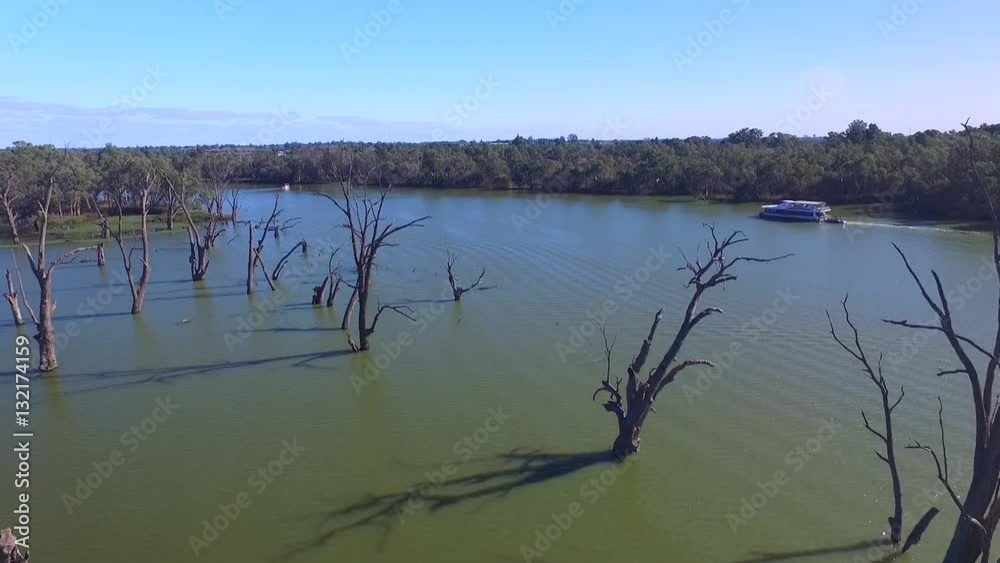 Elevated Aerial view from helicopter of murray river wetlands lagoons ...