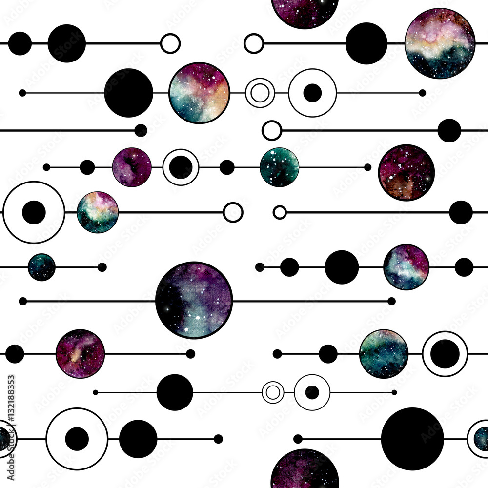 Watercolor Circles with Galaxy, Dots and Lines Seamless Pattern Stock ...