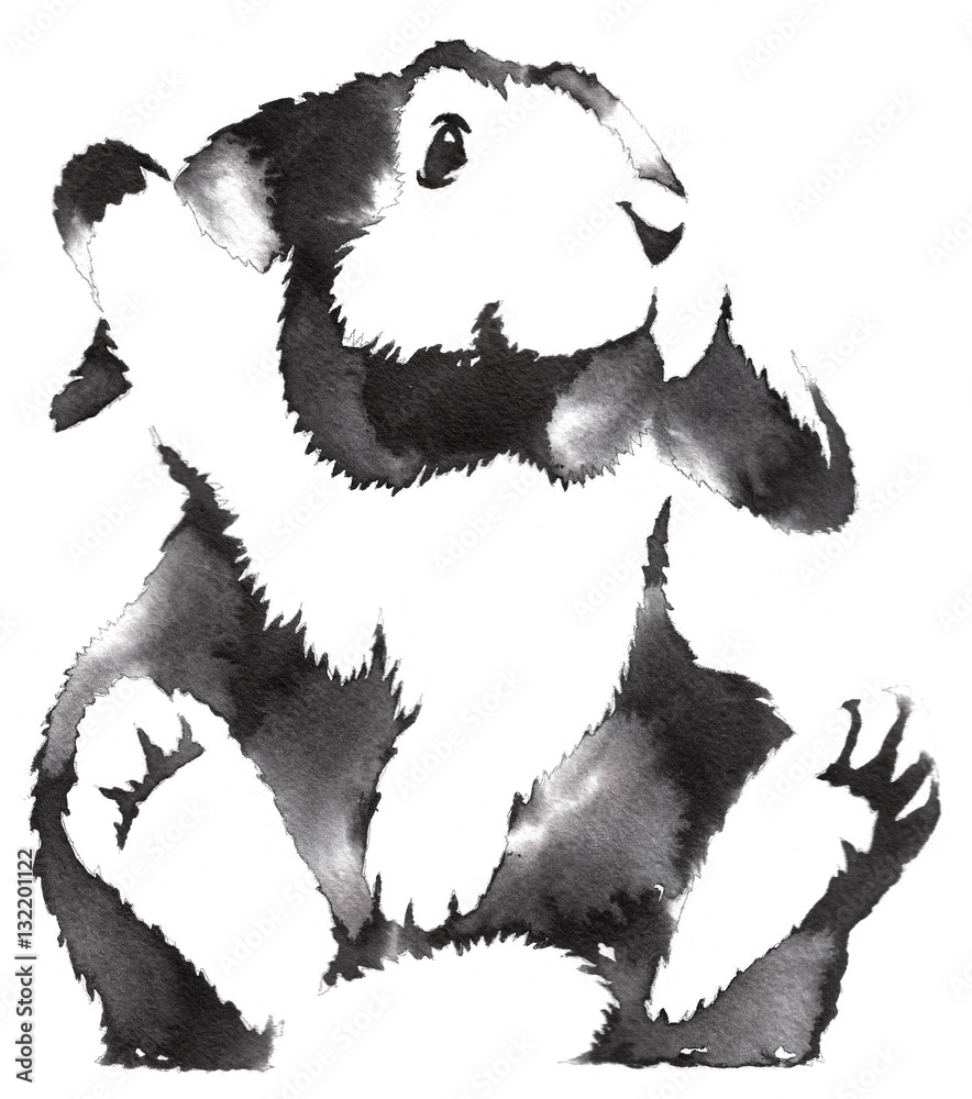 black and white monochrome painting with water and ink draw rabbit ...