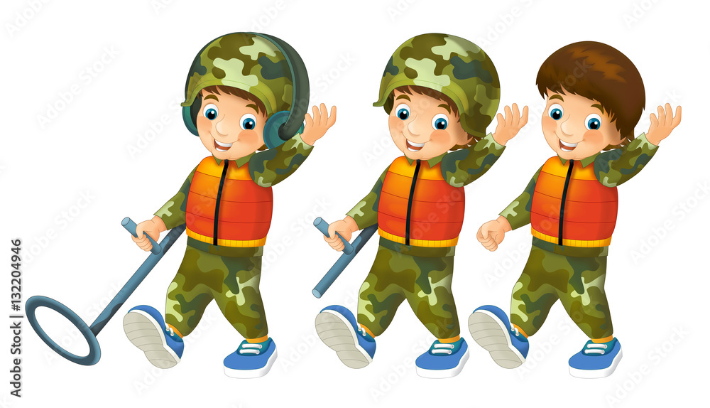 Cartoon scene with kid dressed as soldiers playing and having fun ...