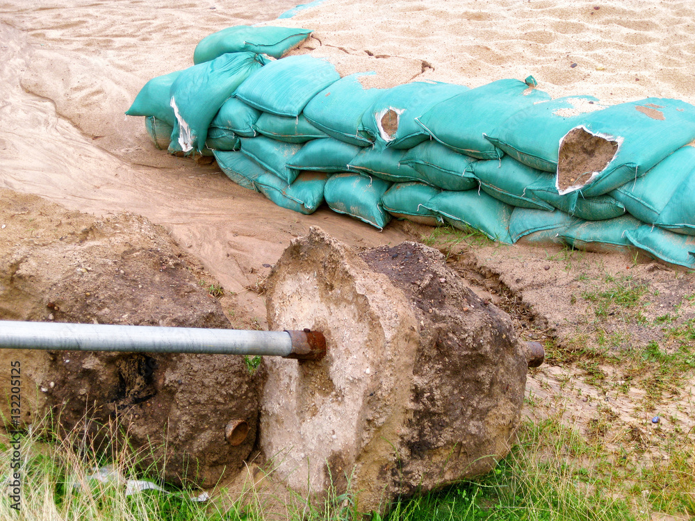 Sandbags used as a barrier for water during flooding. Stock Photo ...