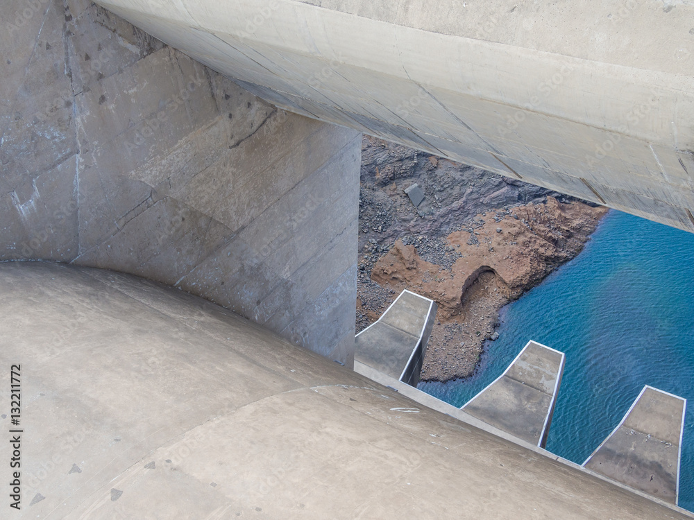 Detail of concrete dam wall and overflow of impressive Katse Dam ...