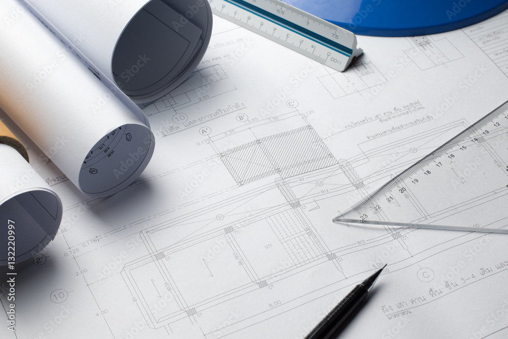 Architectural blueprints and blueprint rolls and a drawing instr Stock ...